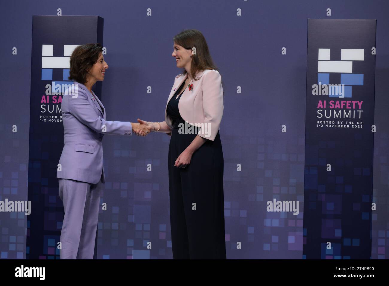Technology Secretary Michelle Donelan greets Gina Raimondo, Secretary ...