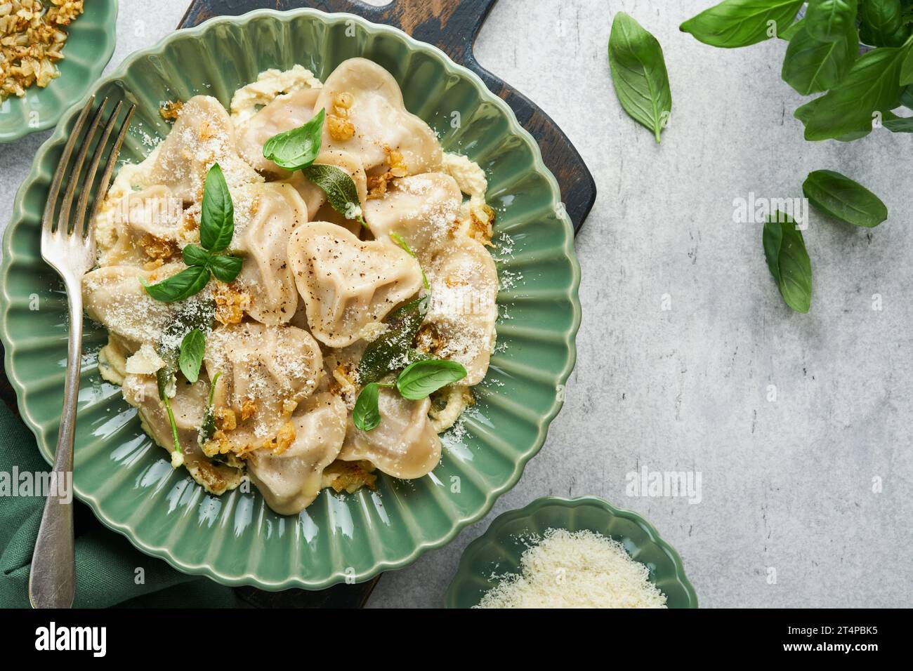 Homemade italian ravioli pasta in heart shape with beef meat, cheese ...