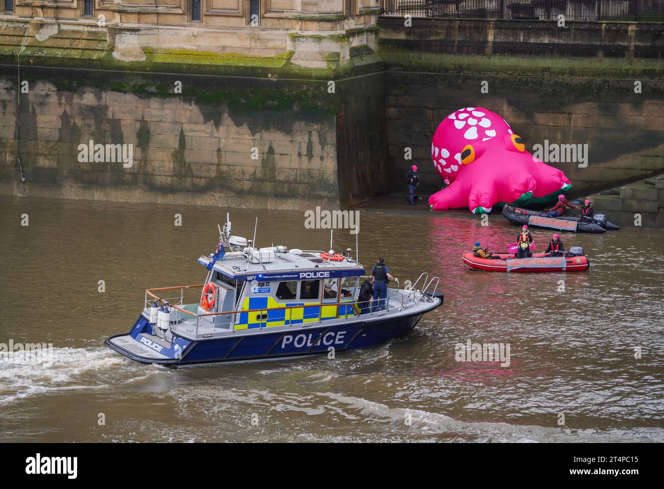London, UK. 1 November 2023. A police patrol boat approaches as ...