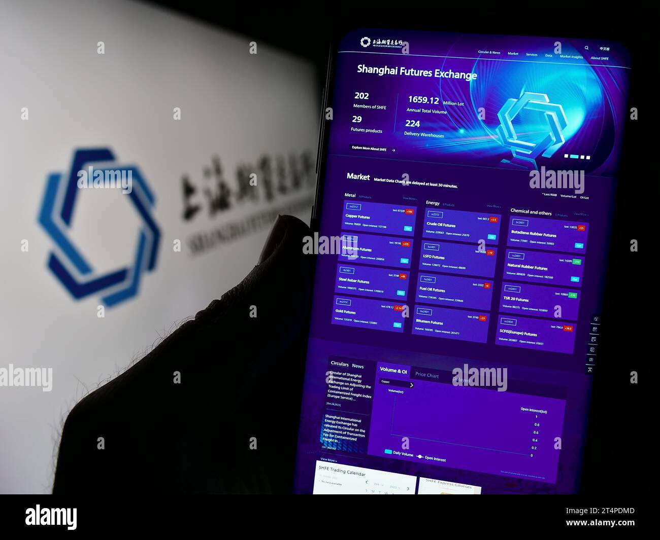 Person holding cellphone with website of Chinese Shanghai Futures ...
