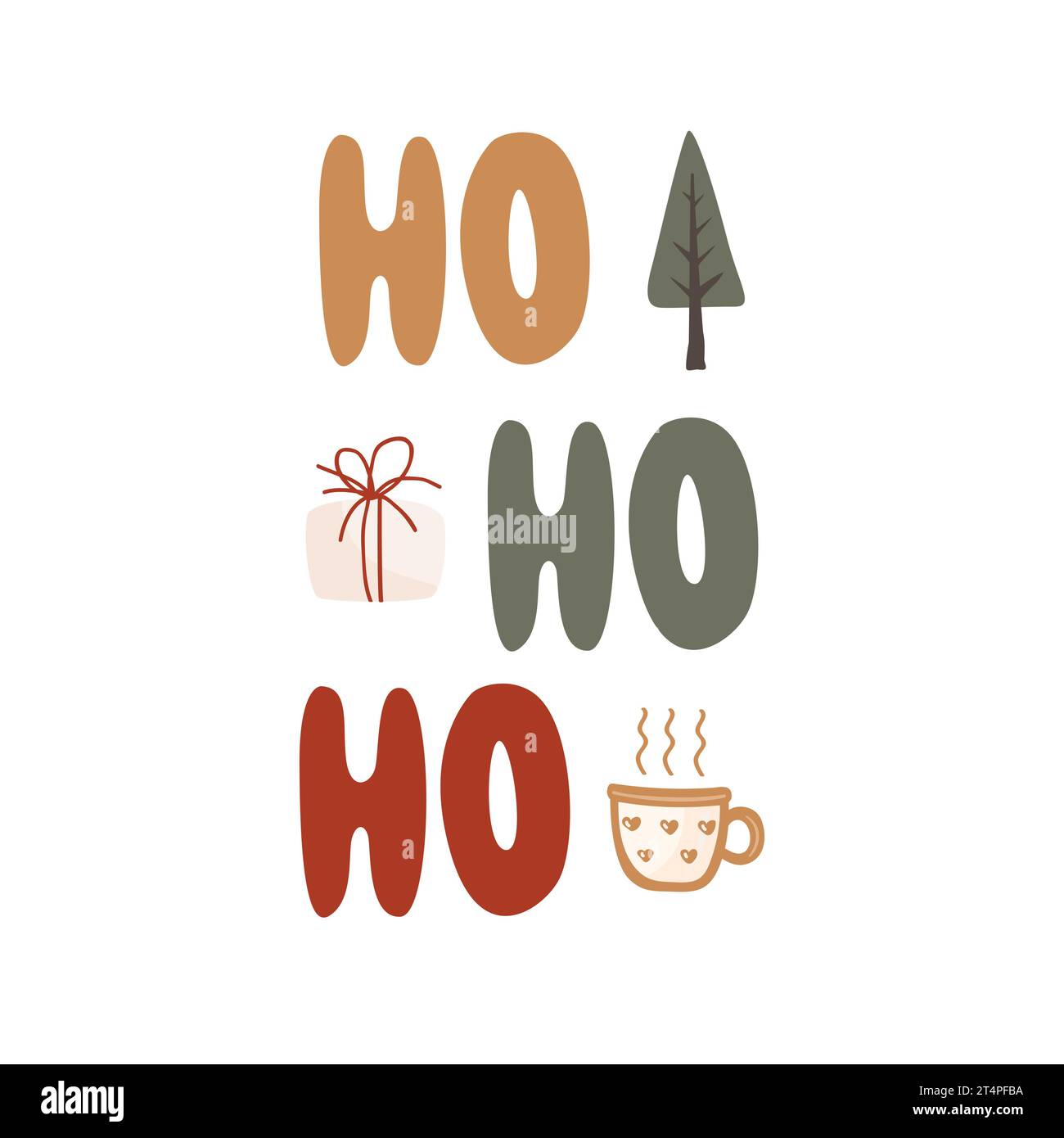 Happy New Year greeting card with ho ho ho lettering, gift box, coffee ...