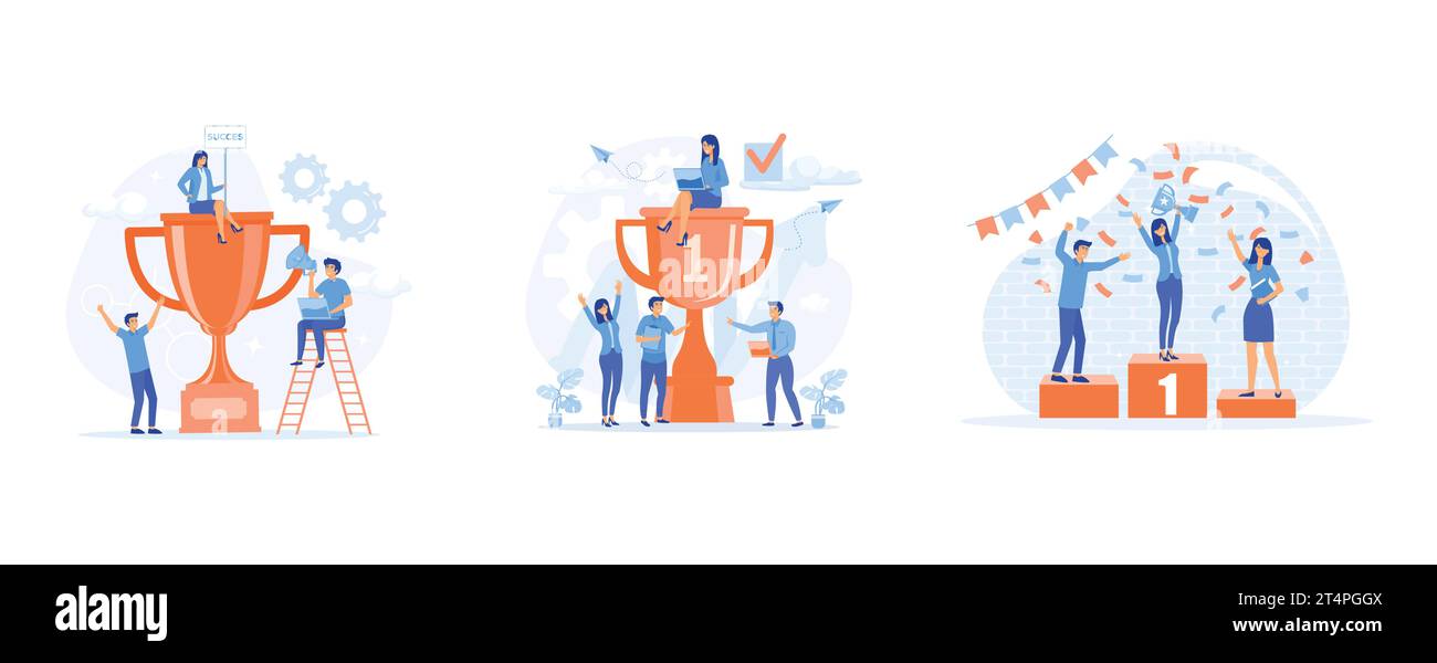 Success team concept, people celebrate success achievement, set flat vector modern illustration ...