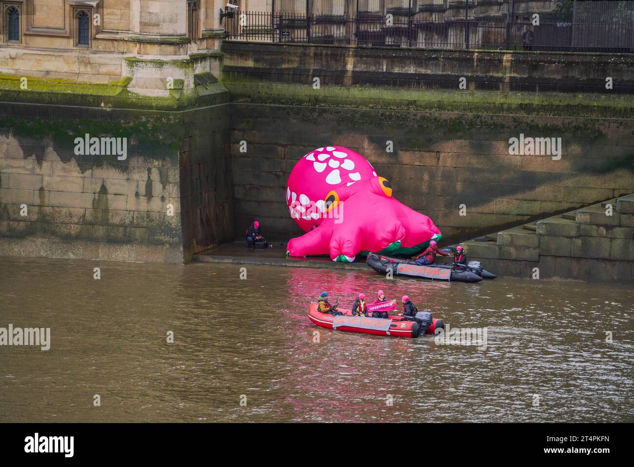 London, UK. 1 November 2023. Greenpeace activists inflate a giant ...