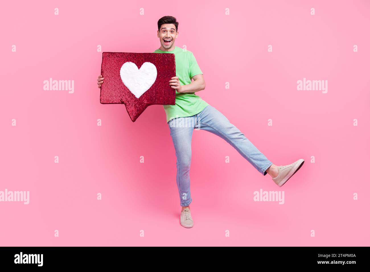 Full length body photo of dancing boogie woogie funky guy holding red ...