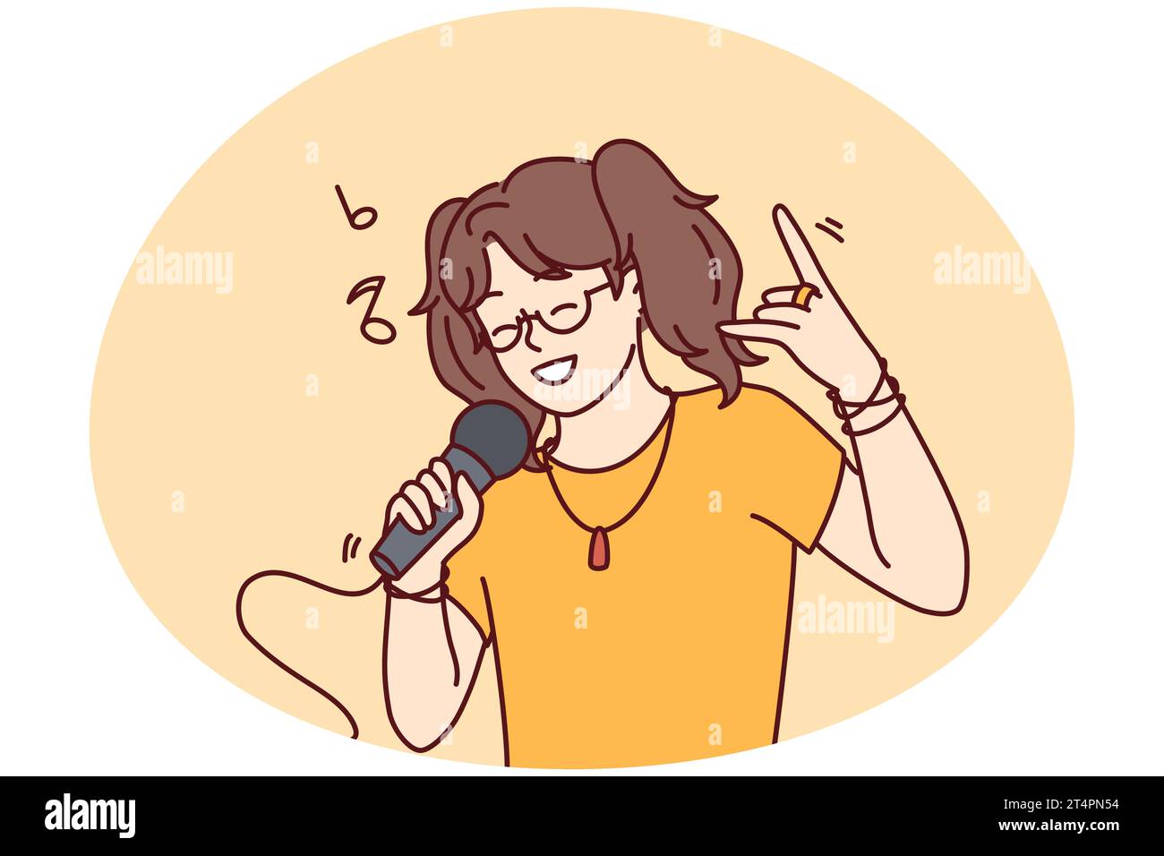 Happy girl have fun singing in microphone in karaoke. Smiling child ...
