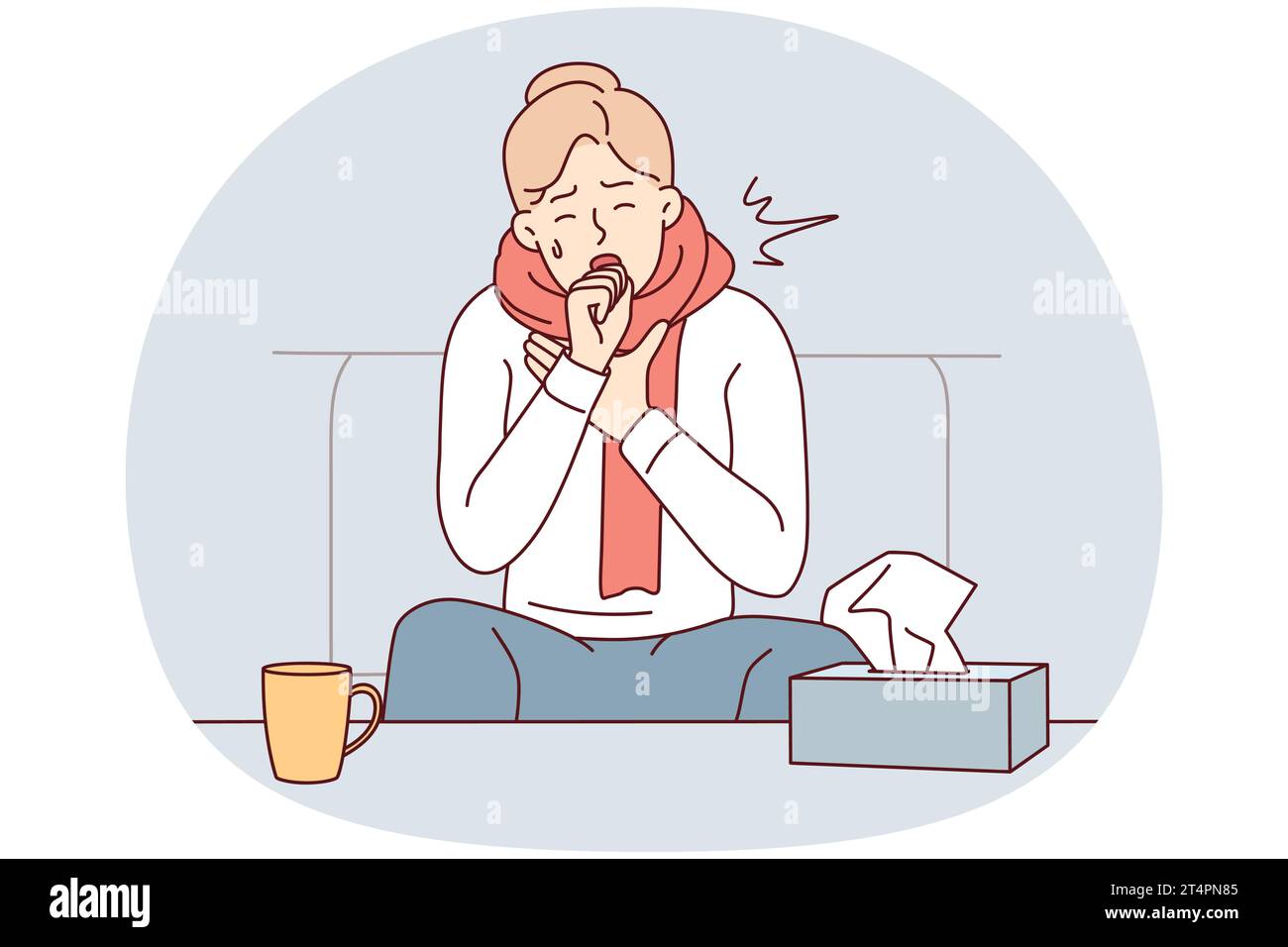 Unhealthy young man sit on sofa at home struggle with covid-19 symptoms ...