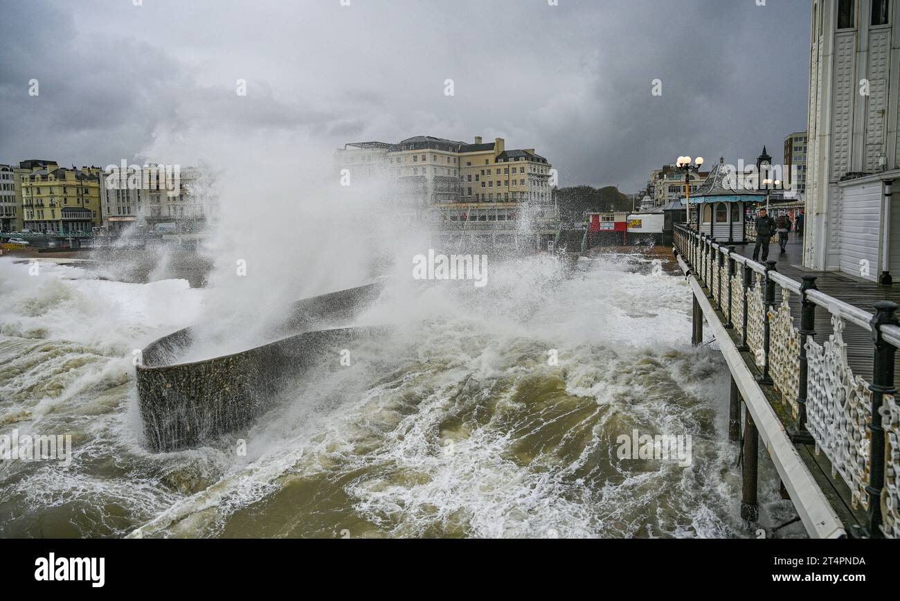 Brighton UK 1st November 2023 - Waves crash onto Brighton seafront by ...