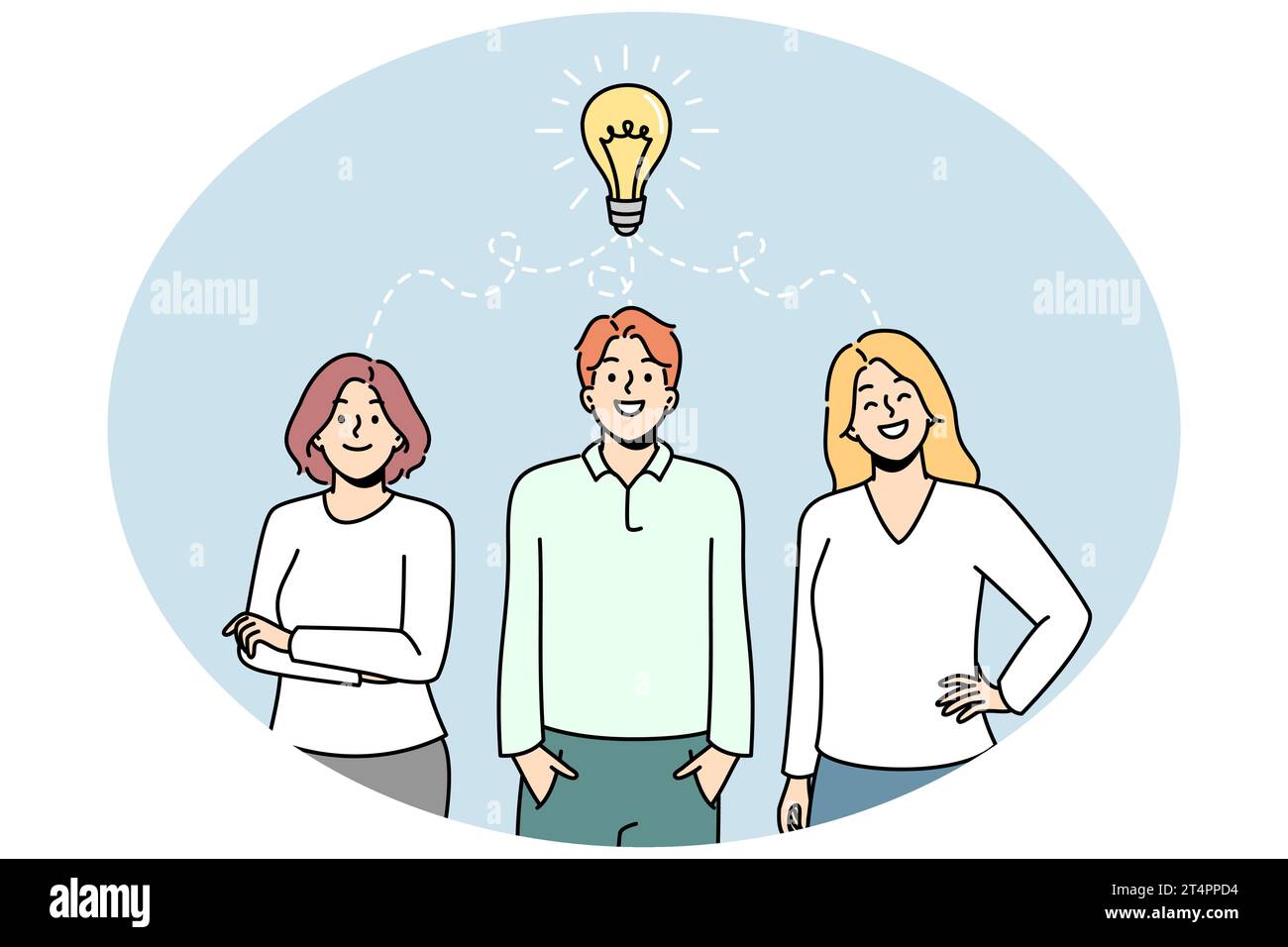 Burning light bulb over group of people standing together, colleagues ...