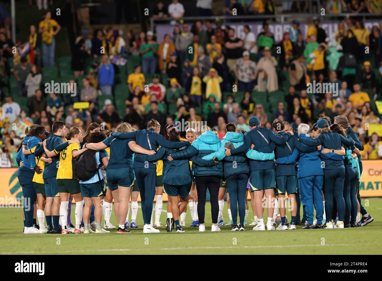 Perth, Australia. 01st Nov, 2023. The Matildas huddle after winning the Women's Olympic Football ...