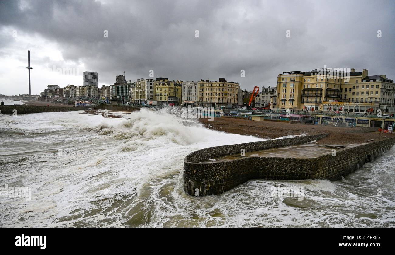 Brighton UK 1st November 2023 - Waves crash onto Brighton seafront in ...
