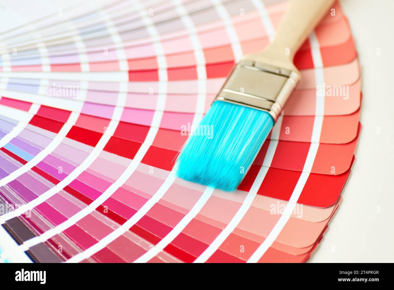 Close-up of color swatches book and painting brush. Diverse colors ...