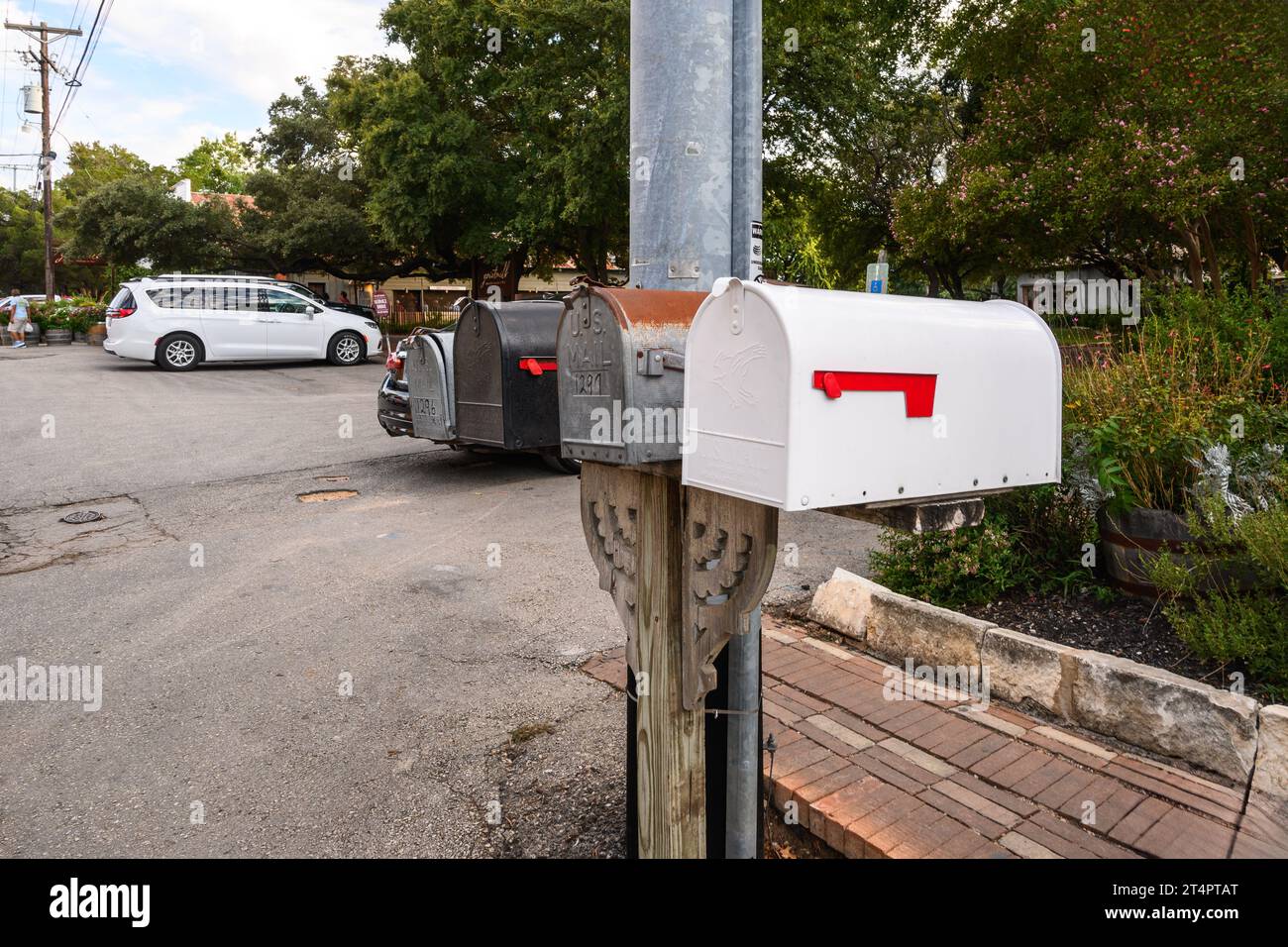 Gruene, Texas, USA - October 9, 2023: Mailboxes on street in historic ...