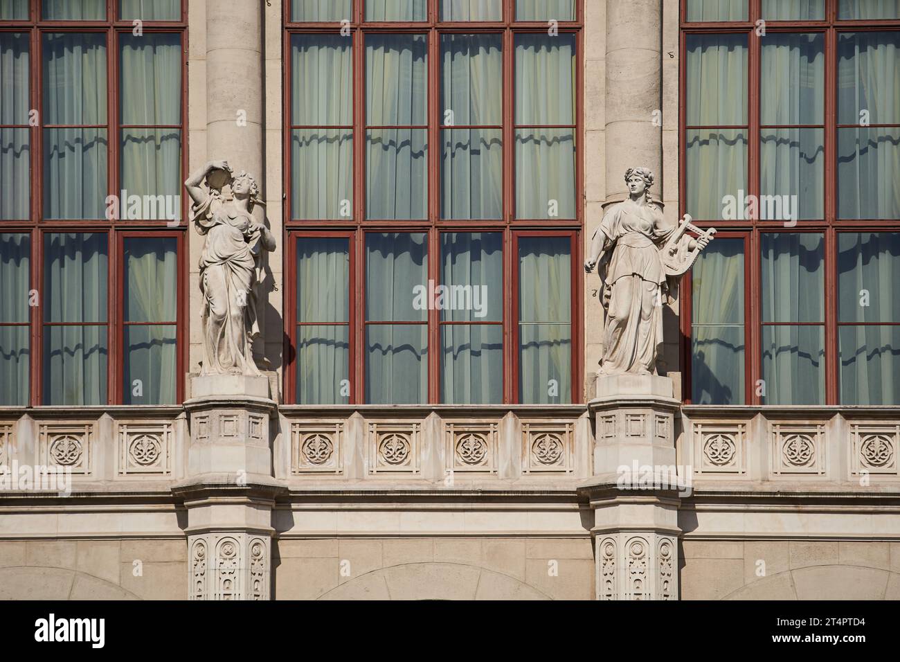 Statues on exterior of a Vigadó (Place for Merrimen) building, Budapest ...