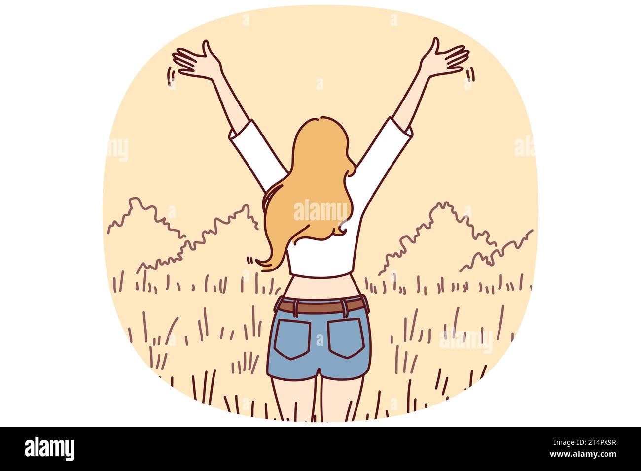 Back view of woman stand in field with hands raised excited with good ...