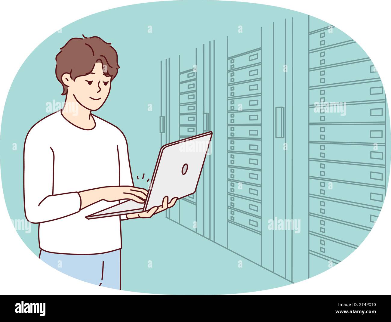 Male engineer with laptop standing near server room with computers. Man ...