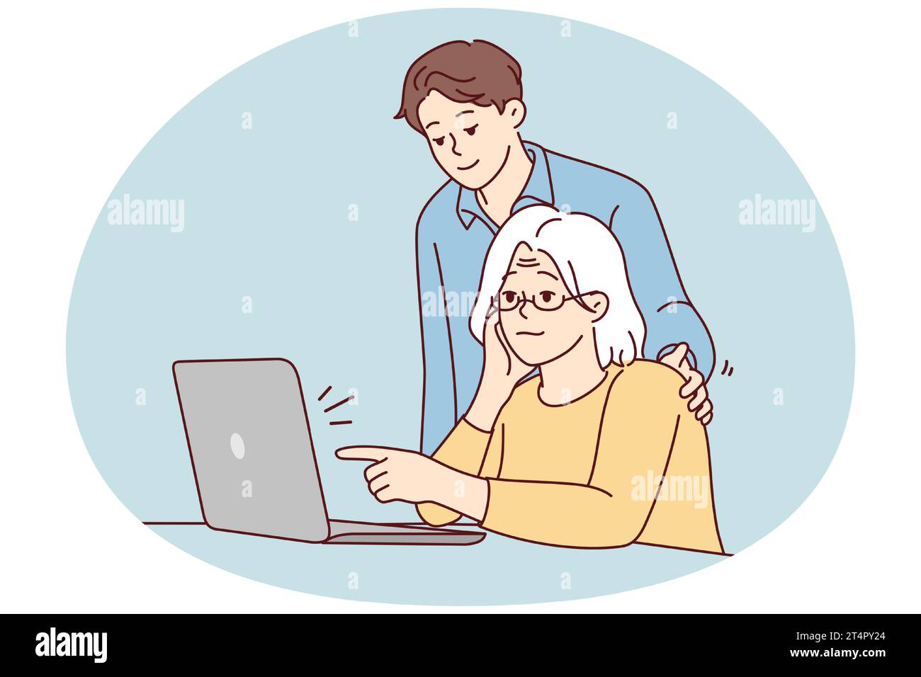 Young guy help old grandmother with laptop work. Mature grandma sit at ...