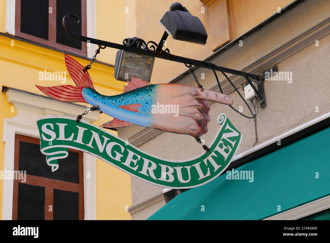Sweden, Stockholm, The Old Town, Slingerbulten seafood restaurant sign ...