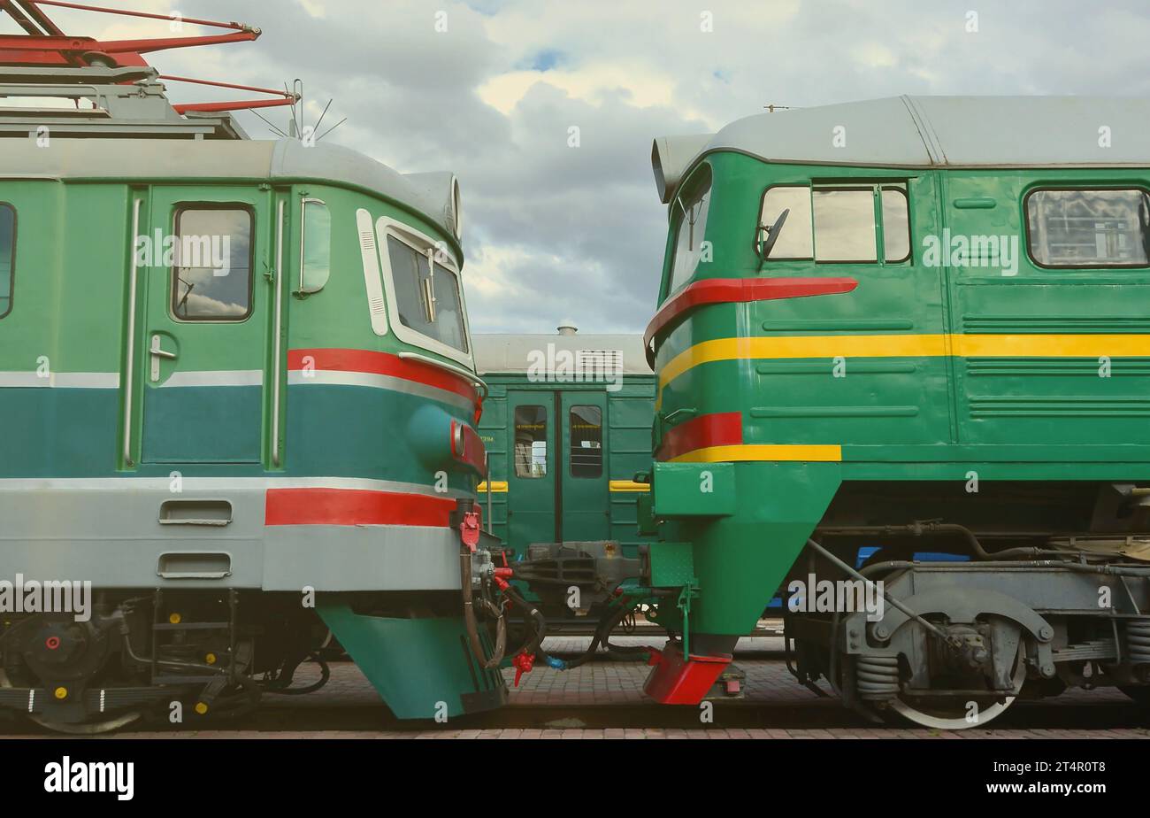 Cabs of modern Russian electric trains. Side view of the heads of ...