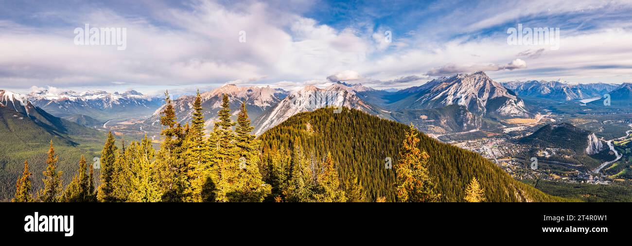 Panoramic view of Banff from Sulphur Mountain showing Highway 1, Banff ...