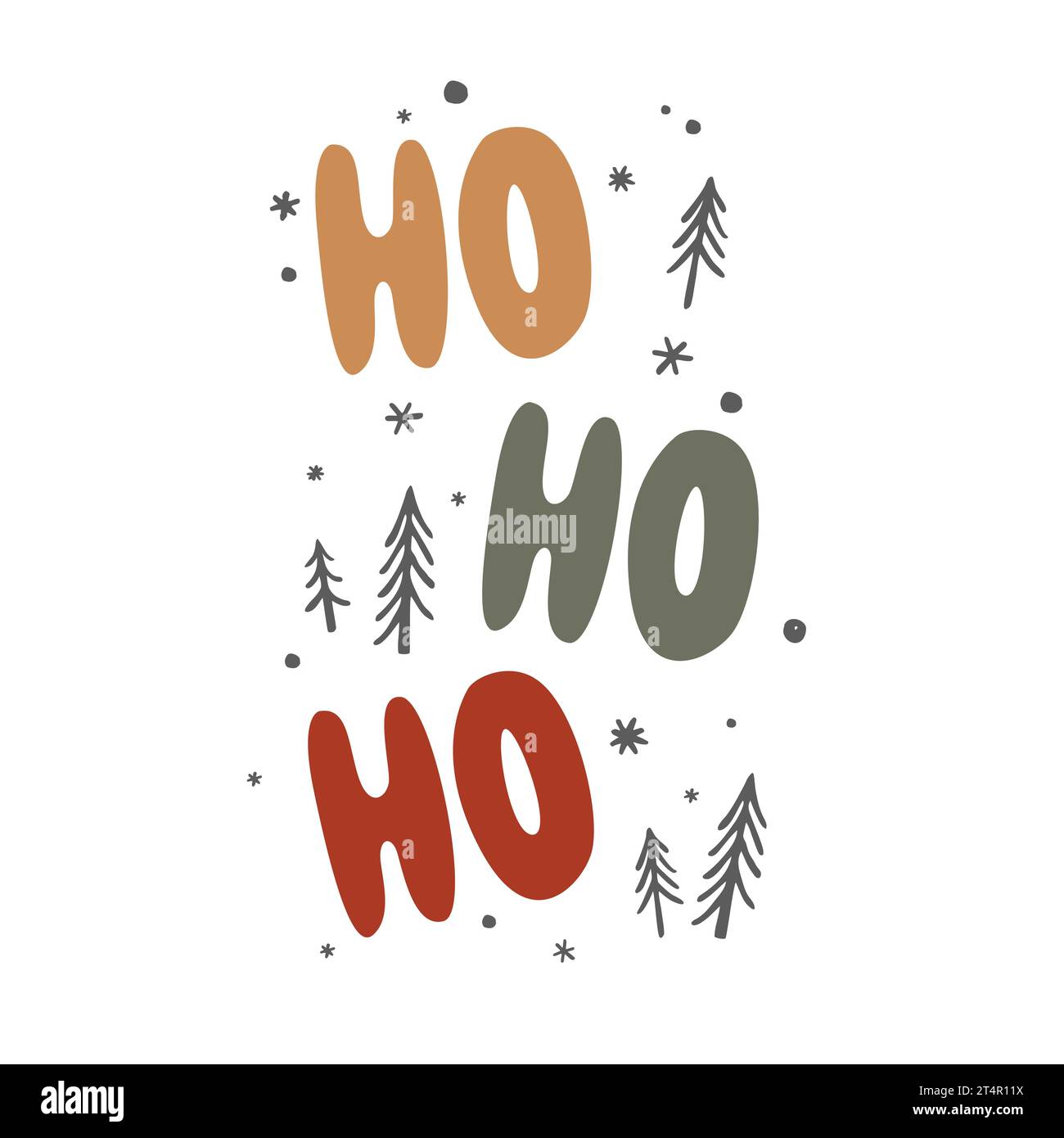 Happy New Year greeting card with ho ho ho lettering and Xmas trees. Merry Christmas cute design ...