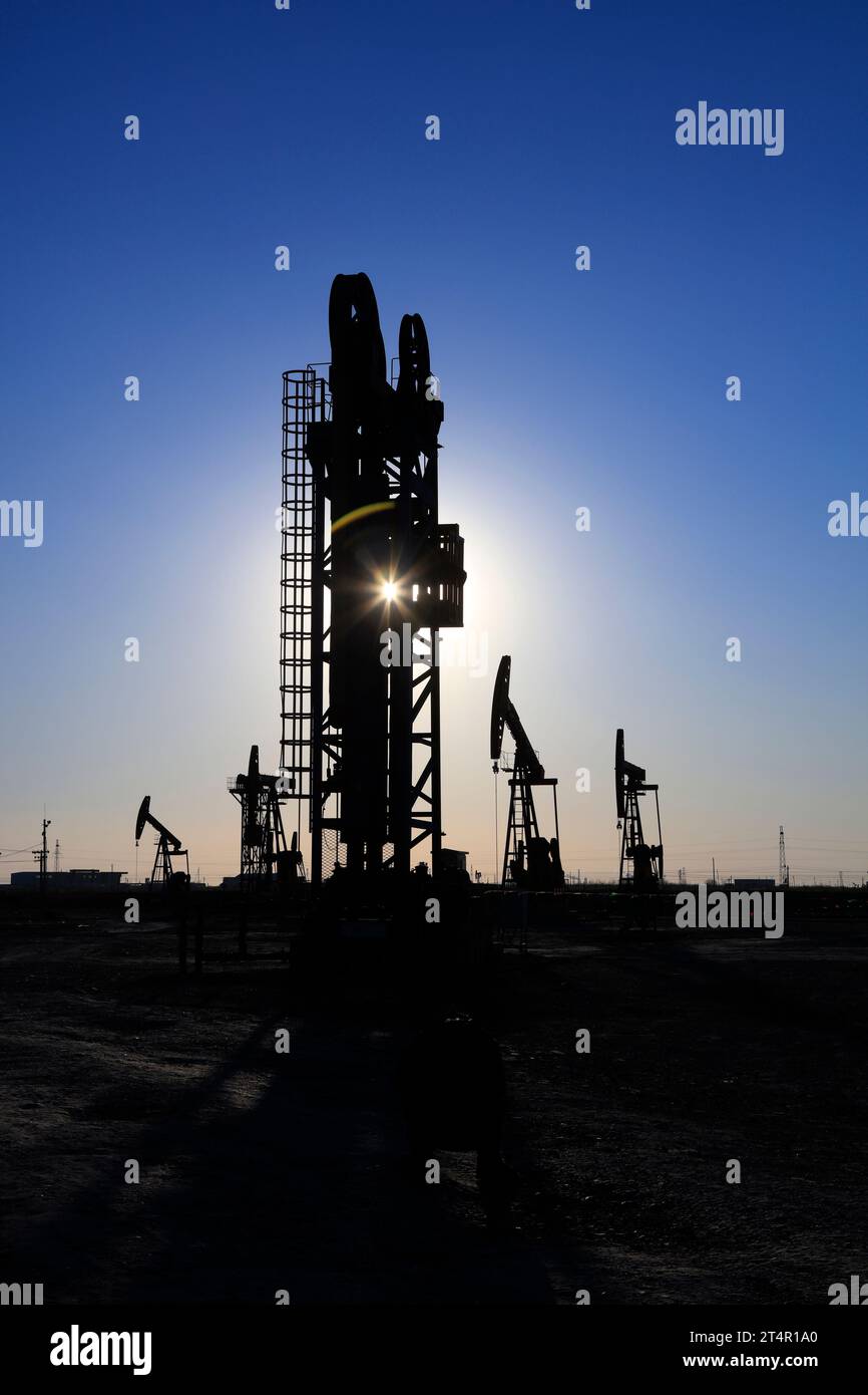 Tower type pumping unit under the setting sun in a oilfield Stock Photo ...