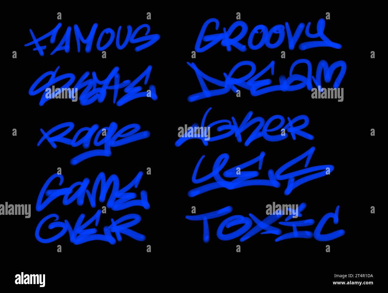 Collection of graffiti street art tags with words and symbols in blue ...