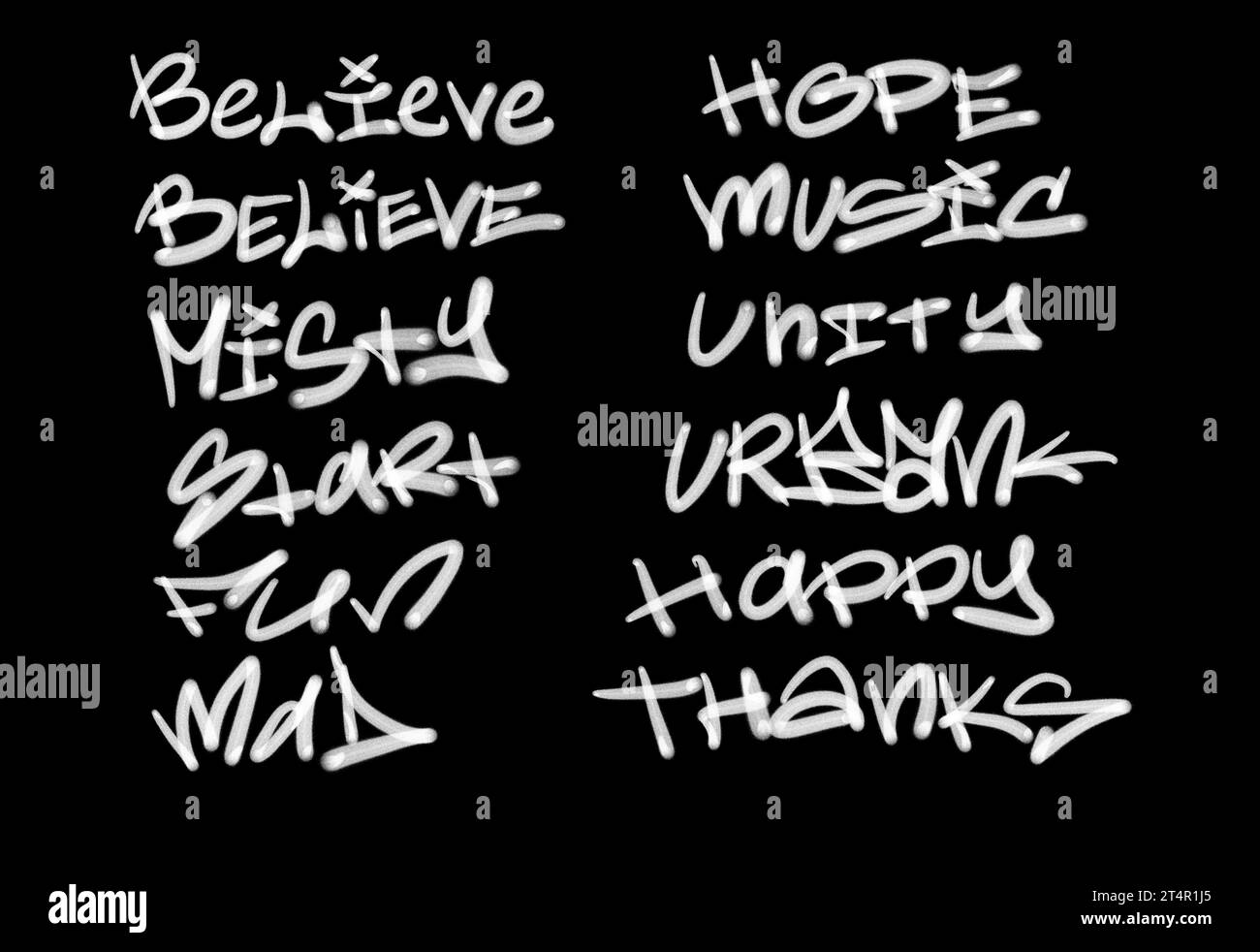 Collection of graffiti street art tags with words and symbols in white ...