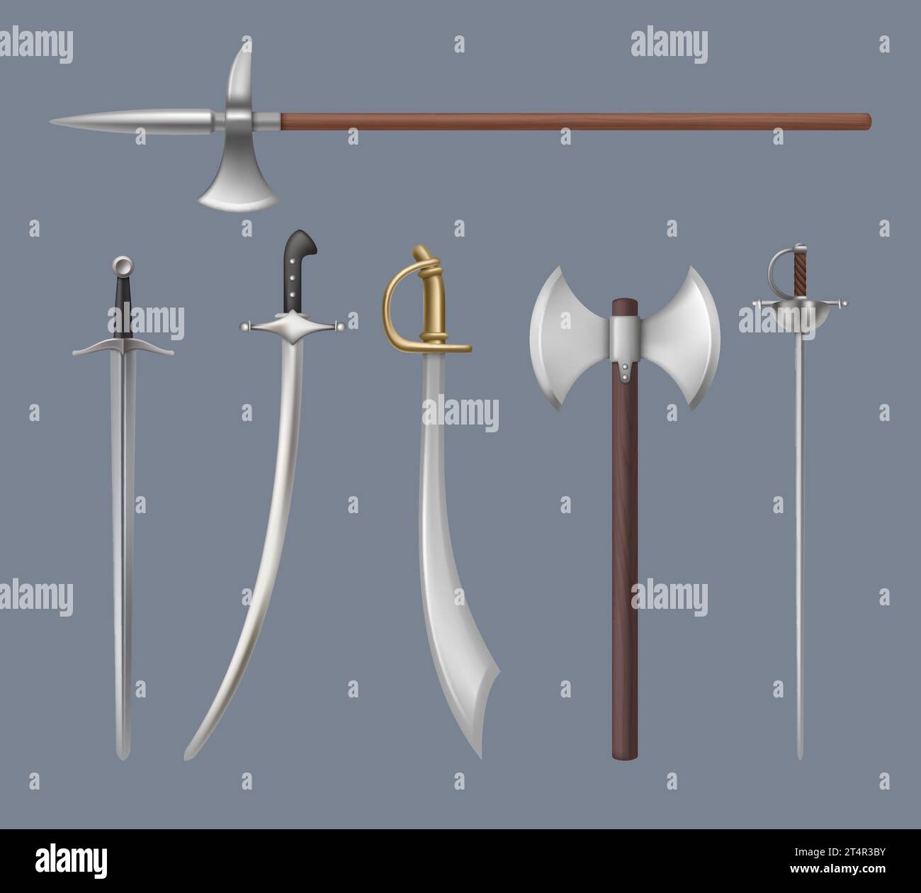 Weapons. Medieval swords and knife decent vector realistic templates ...