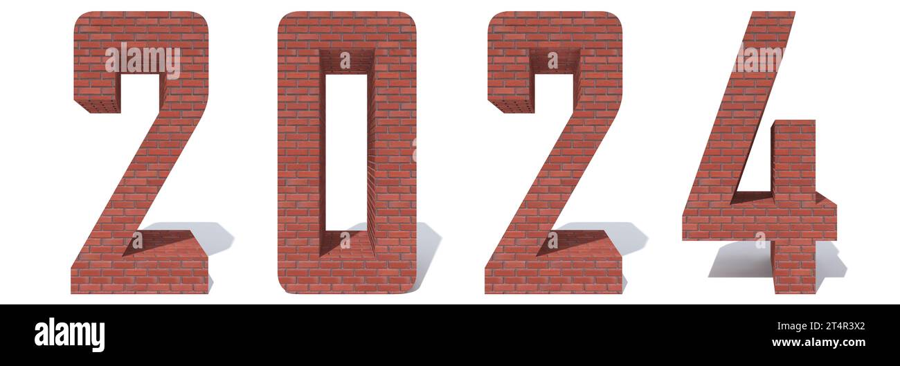 Concept or conceptual 2024 year made of red heavy rough bricks isolated ...