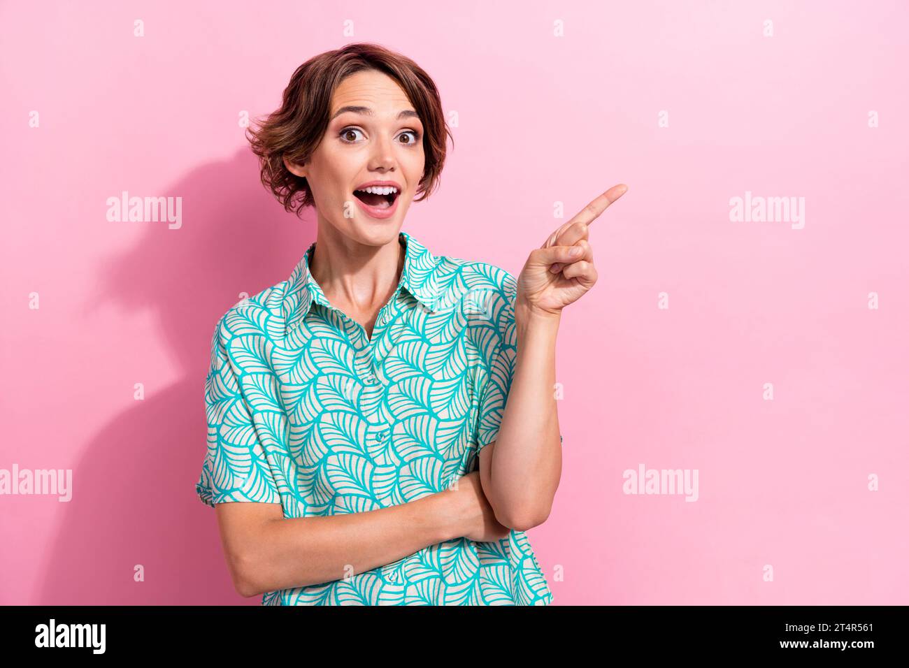 Photo of attractive company sales promoter girl lady showing novelty ...