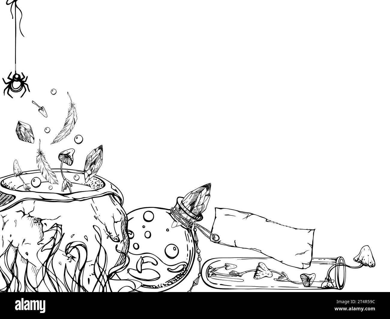 Hand drawn ink vector witch cauldron brew potions vial isolated ...