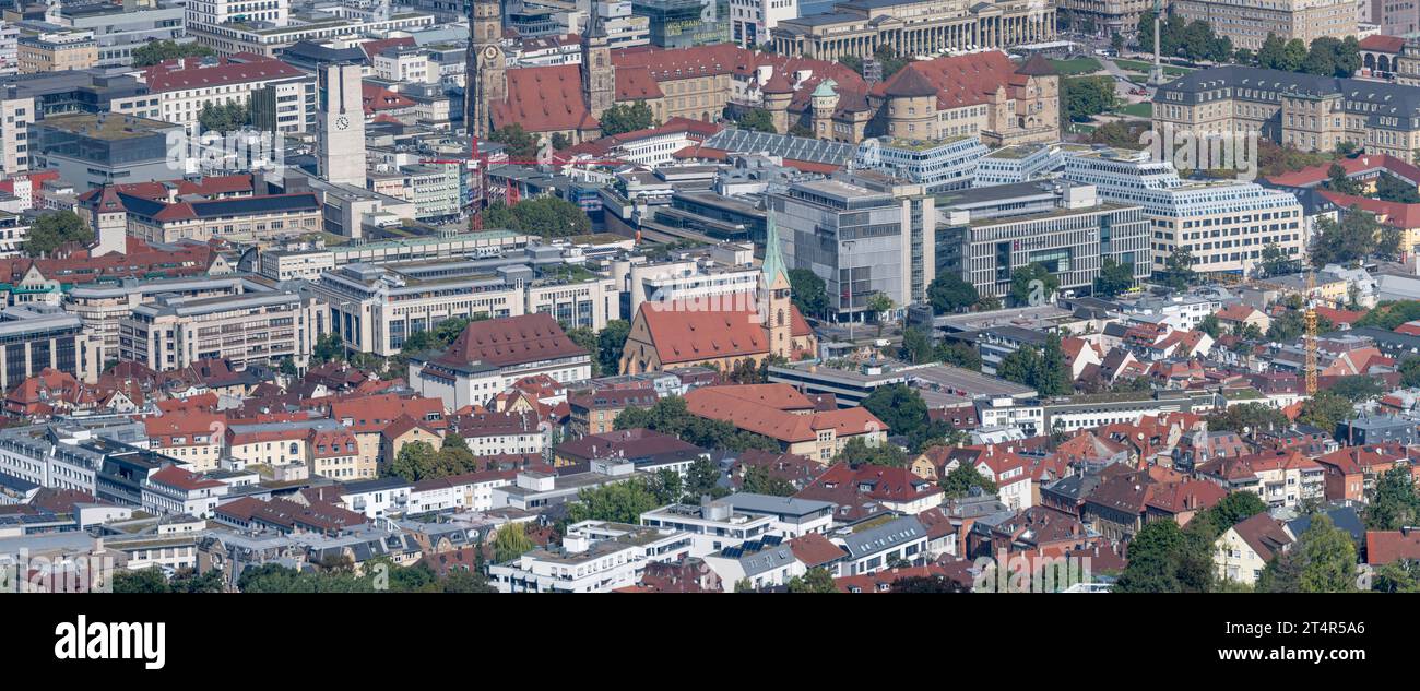 aerial cityscape of central neighbourhoods with Town Hall and Castles, shot in bright summer ...