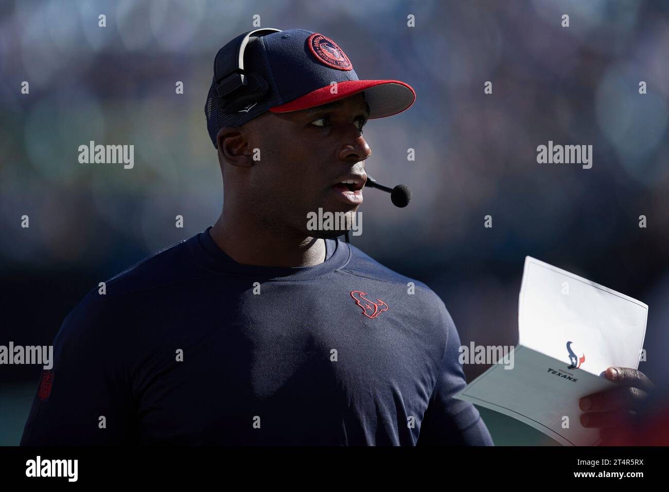 Houston Texans head coach DeMeco Ryans watches from the sideline during an NFL football game ...