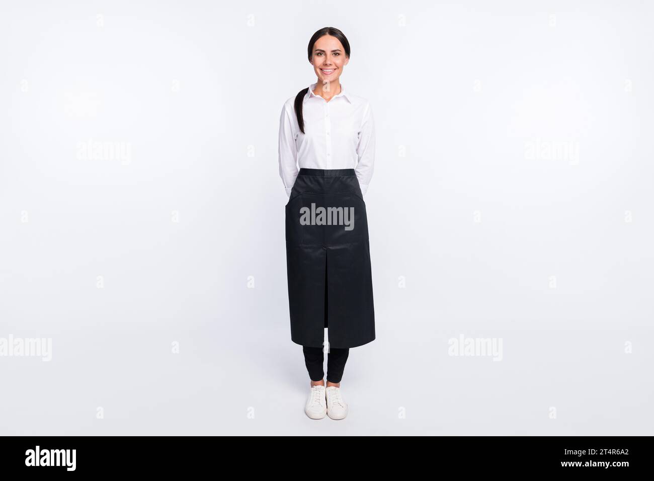 Full length body size photo of smiling waitress wearing uniform ...