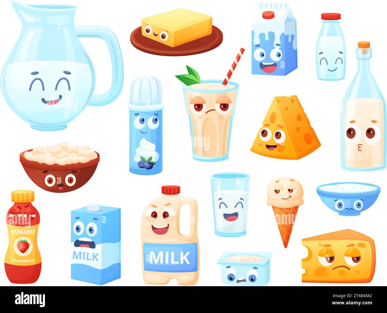 Cute dairy characters, cartoon faces on milk, cheese and yogurt ...