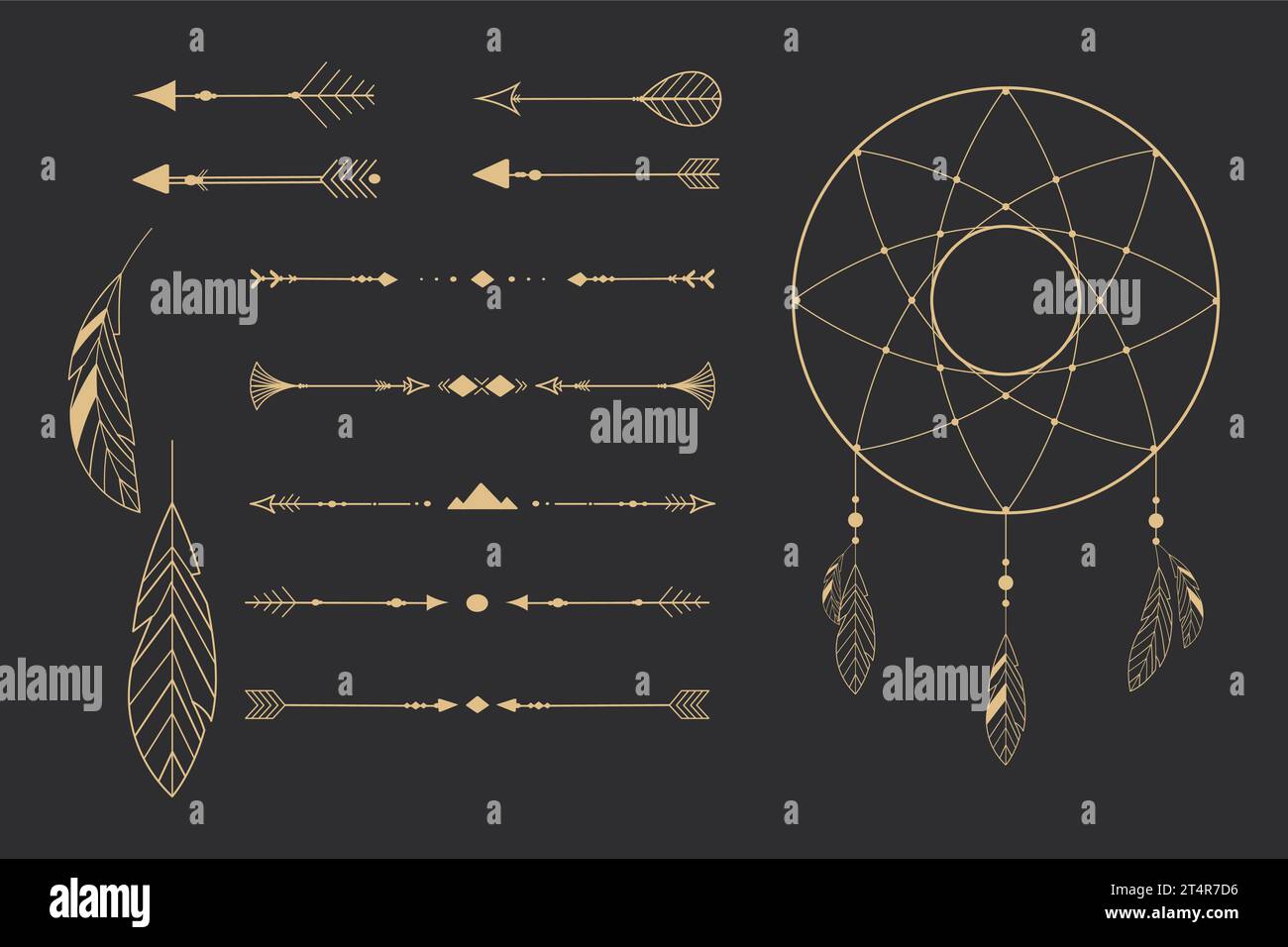 Set golden tribal dream catcher, feathers line art native arrows ...