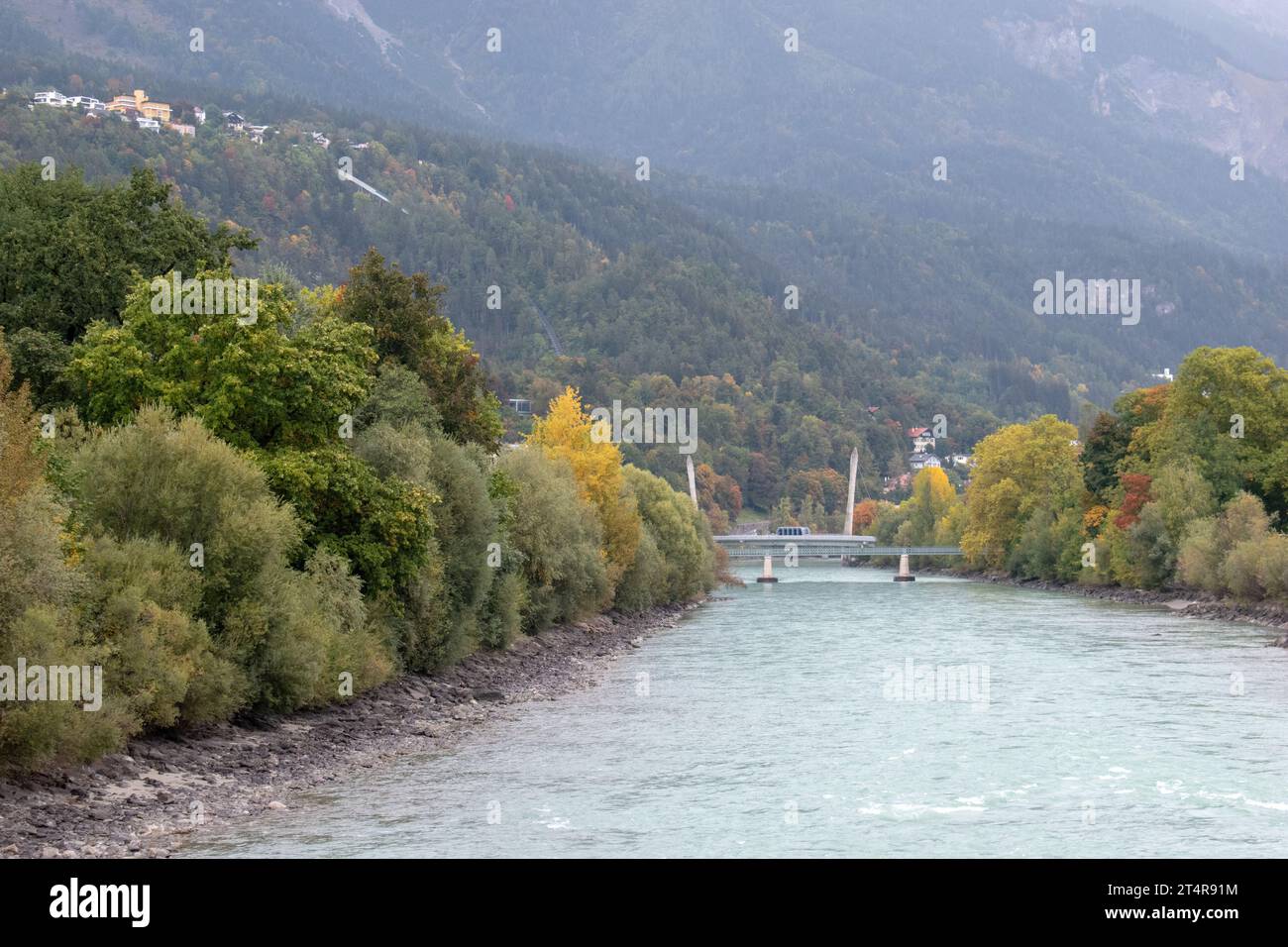 Panoramic view of the historic city center of Innsbruck with colorful ...