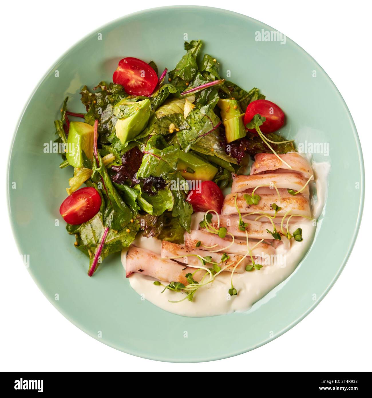 Bowl of stir-fried calamari rings with healthy vegetable salad and ...