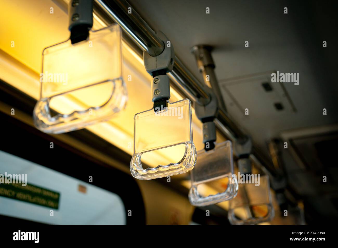 Close-up to Train handle in selected focus by public transportation ...