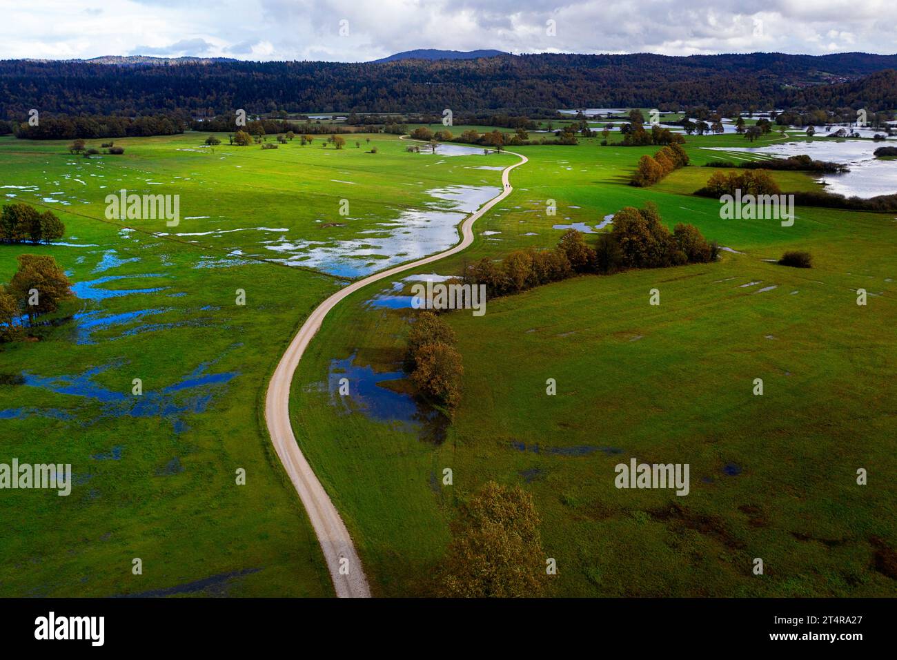 Aerial view of a Planinsko Polje, a typical Karst field created by the ...
