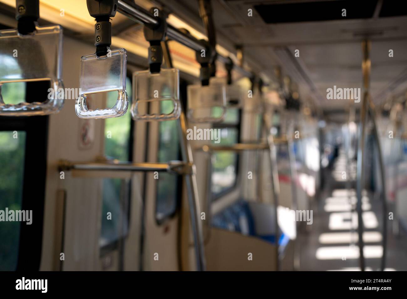 Close-up to Train handle in selected focus by public transportation ...
