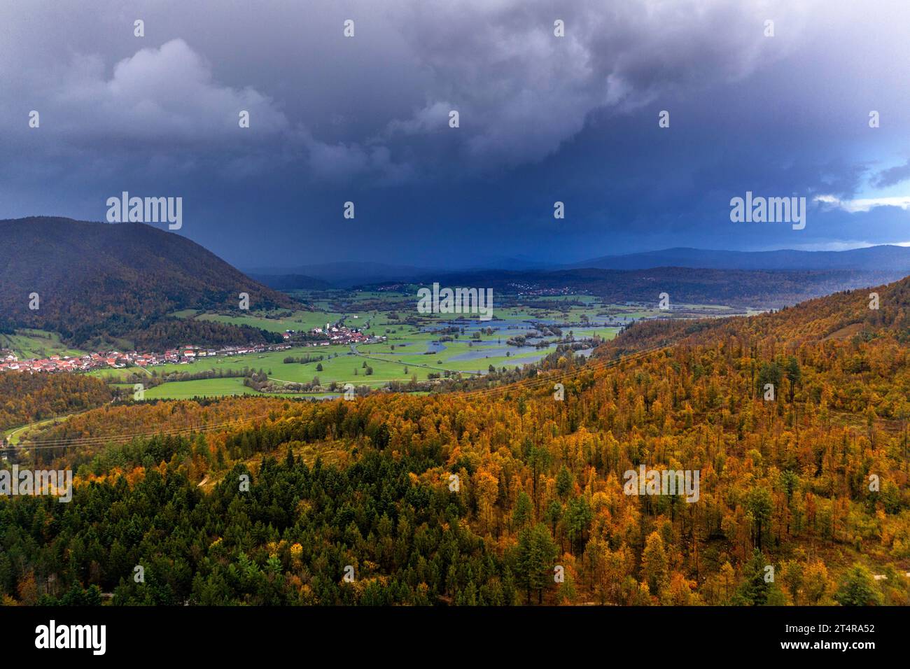Aerial view of a Planinsko Polje, a typical Karst field created by the ...