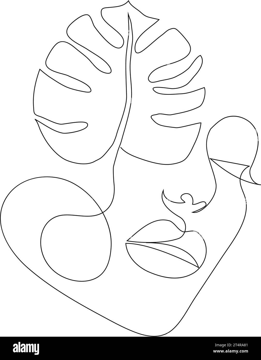 The face of a beautiful woman with tropical monstera leaves. In the ...