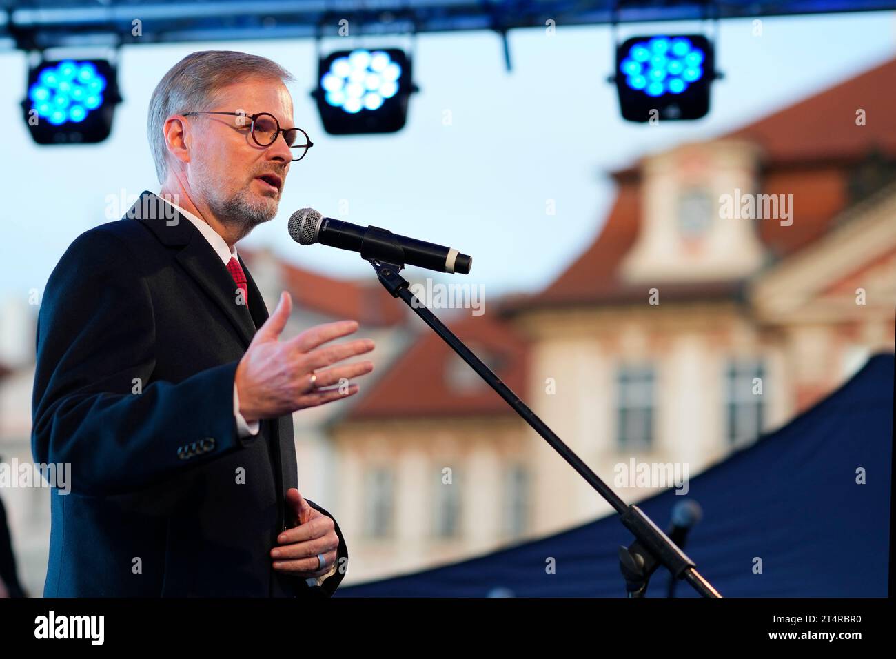 Czech Republic's Prime Minister Petr Fiala speaks at a demonstration in ...