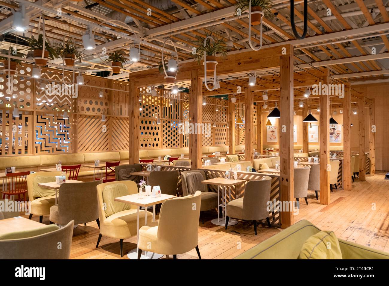 Loft style restaurant with textured wooden walls. Cafe in wooden style ...