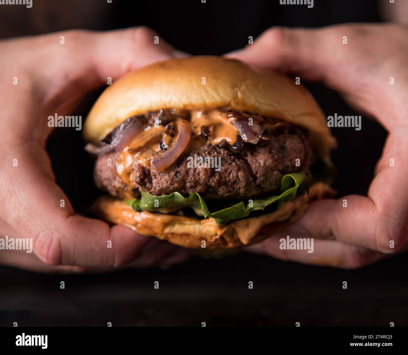 Juicy Homemade burger with lettuce onions, and chipotle sauce in a ...