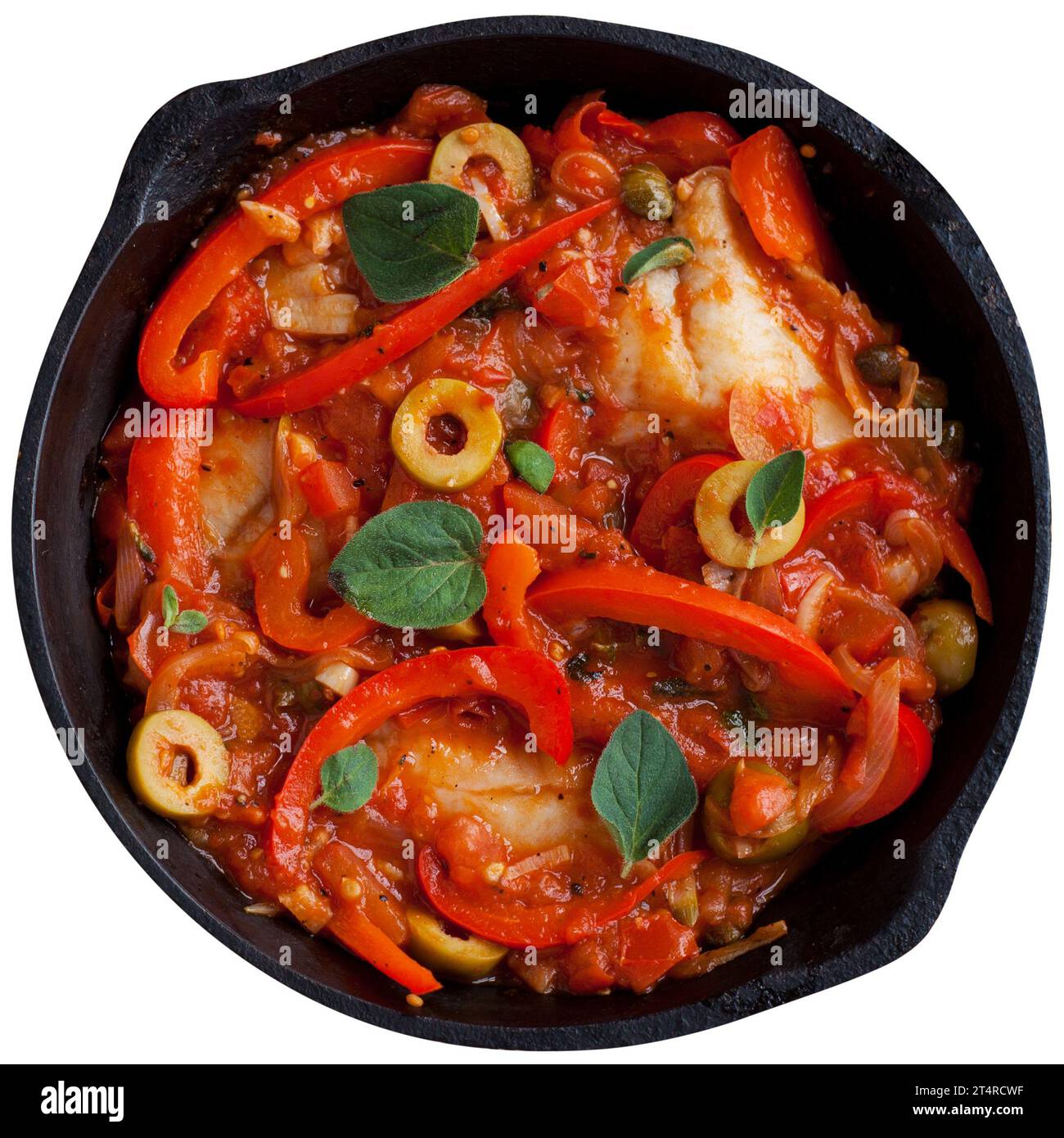 Baked tilapia fish with tomato, pepper, olives and capers served in ...