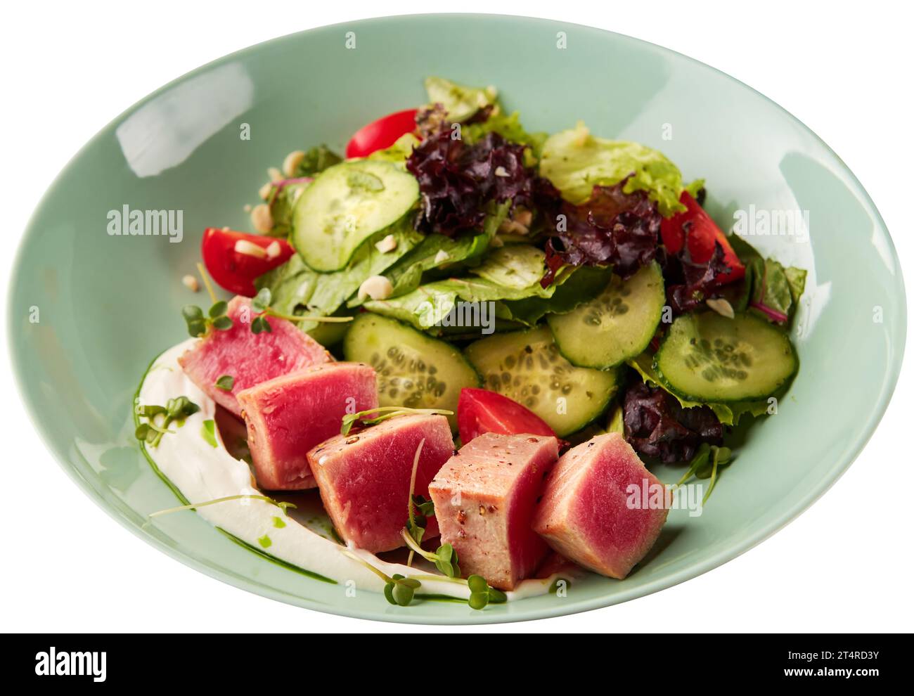 Rare seared tuna slices with fresh vegetable salad in bowl, isolated on ...