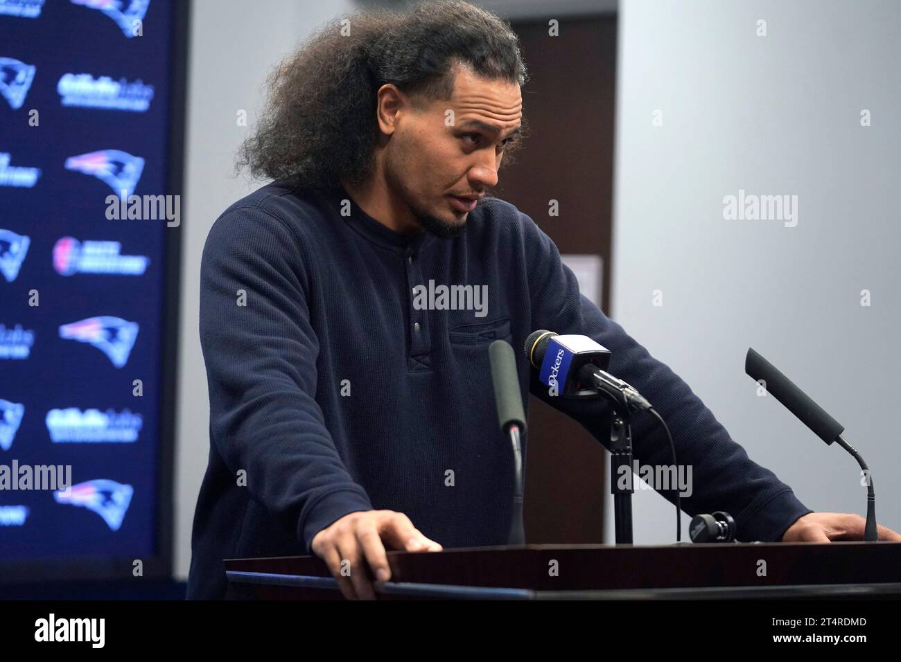 New England Patriots linebacker Jahlani Tavai speaks to reporters prior ...