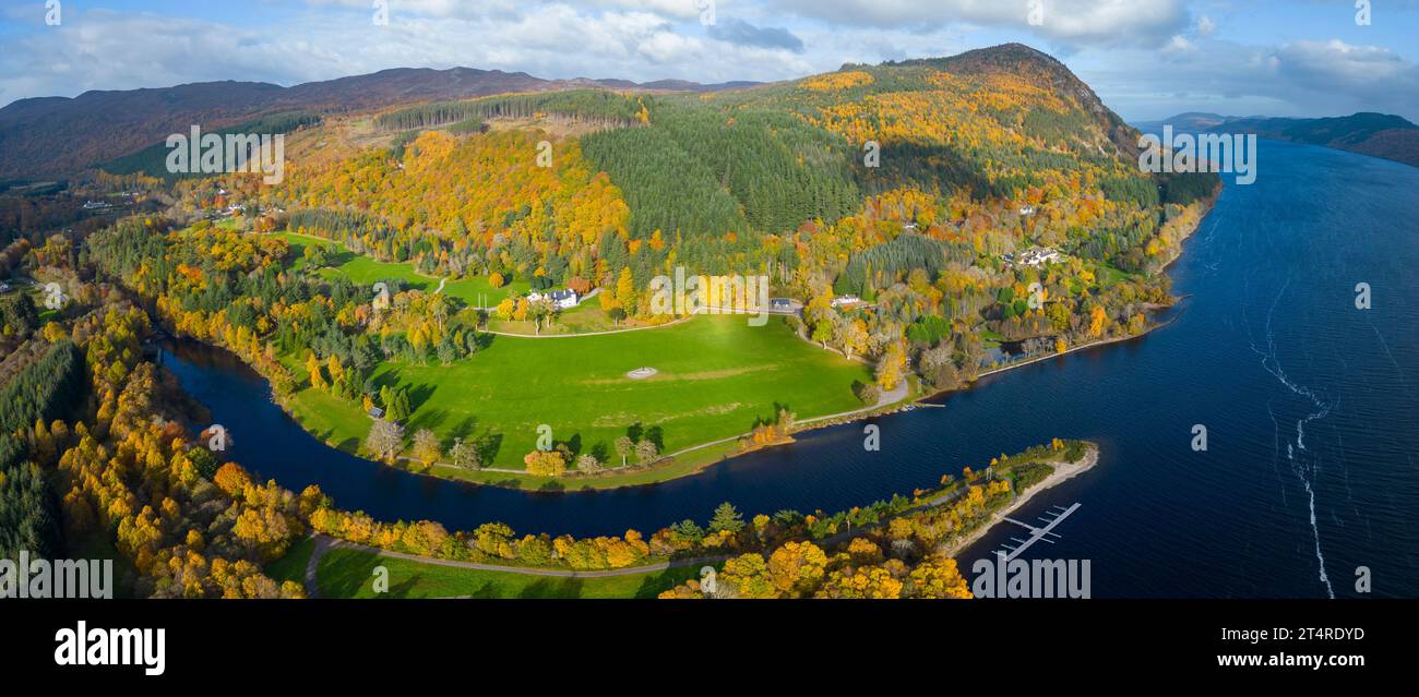 Aerial view of River Moriston as it flows into Loch Ness with autumn ...